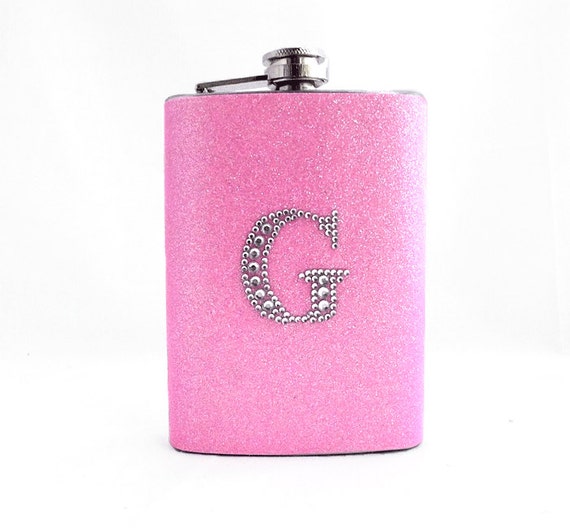 Pink Flask with Personalized Rhinestone Initial Sparkly