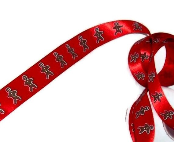 Gingerbread Man on Red Ribbon 7/8 X 5 yards