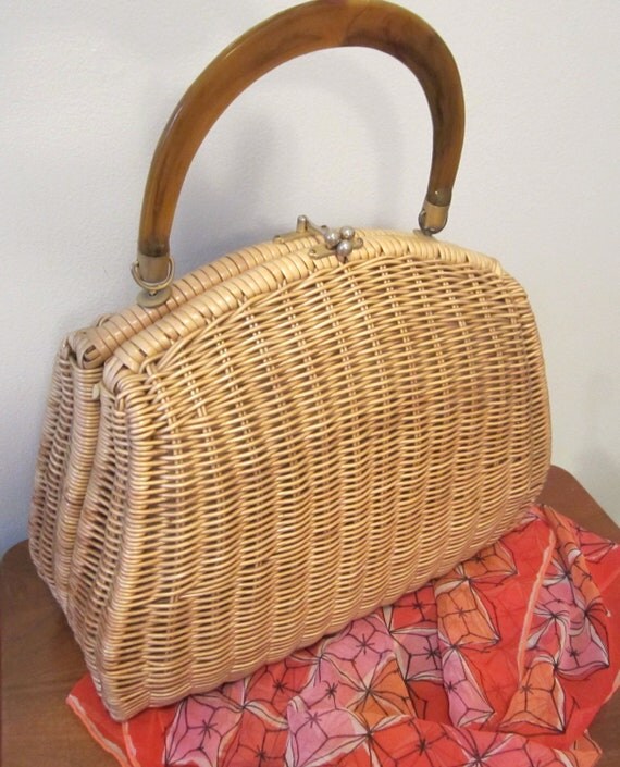 50-60's Jackie O Large Wicker Kelly Handbag Purse
