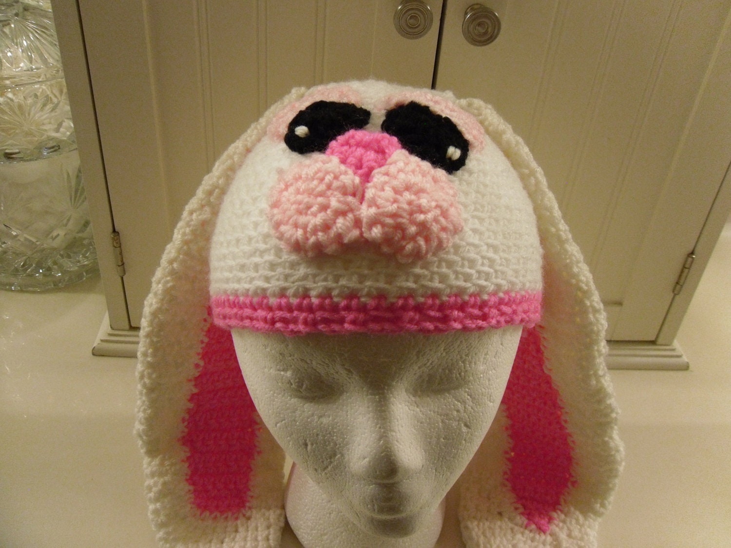 Crocheted Bunny Face Beanie with Floppy by AllCrochetCreations