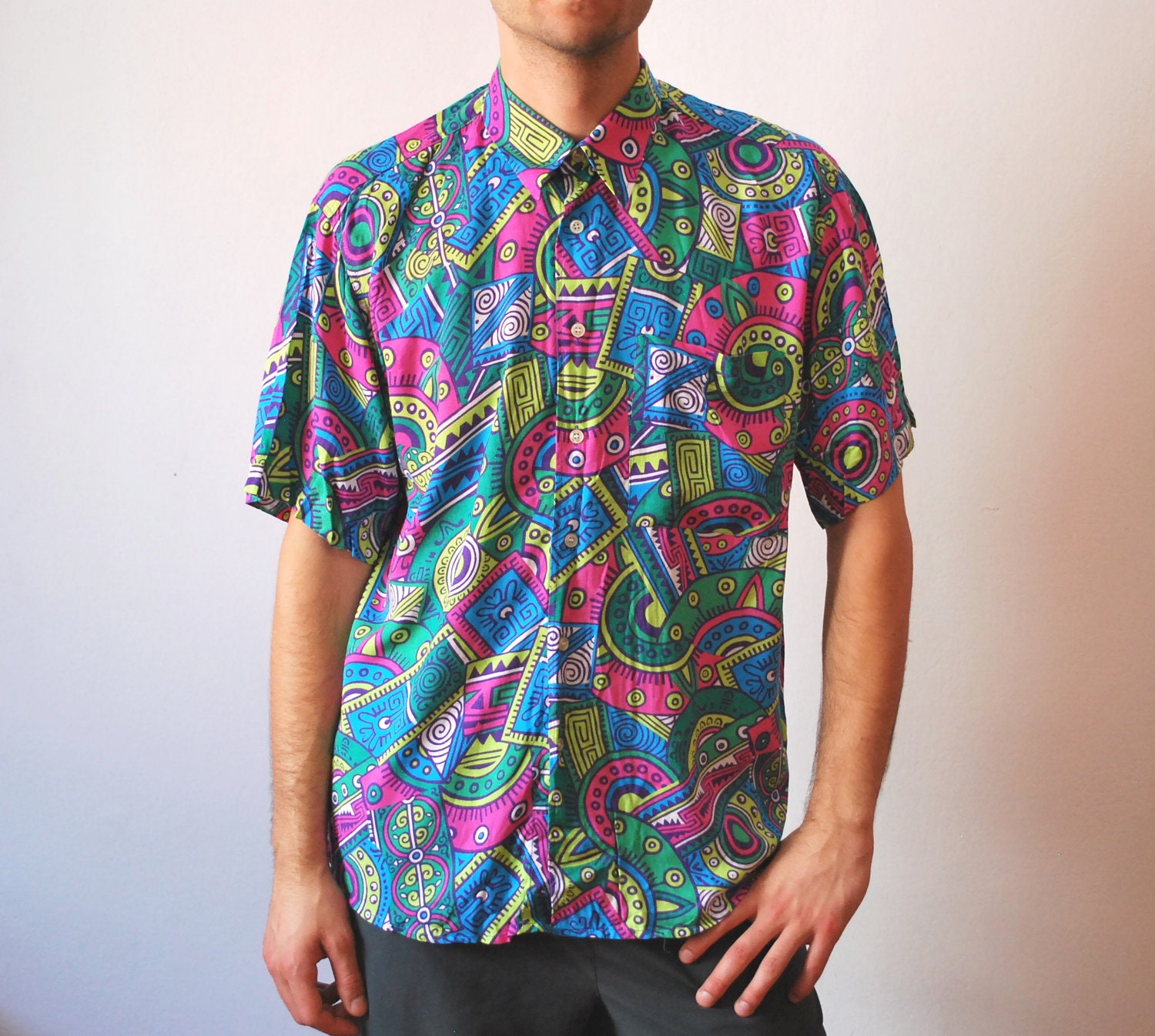 Vintage Colorful Neon Shirt 90s Men Unisex Size Medium Large