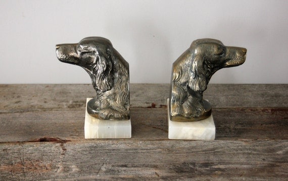 Marble and Cast Metal Dog Head Bookends