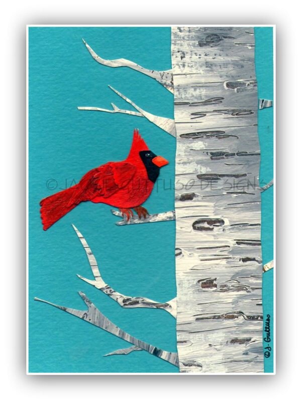 Cardinal original art Birch tree with cardinal art Winter
