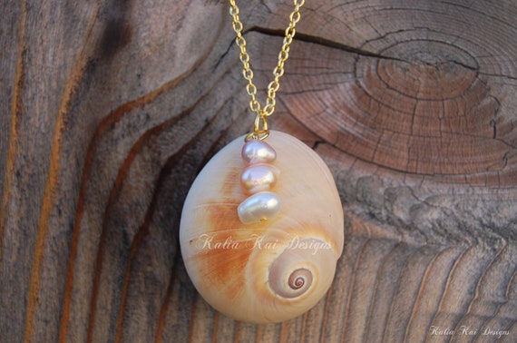 Items similar to Nautical Moonshell Necklace with pearl dangle, Gold ...