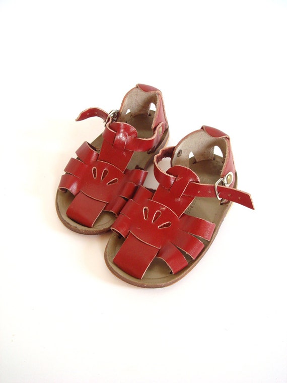 Soviet design sandals for kids red leather USSR by GrandpasParty