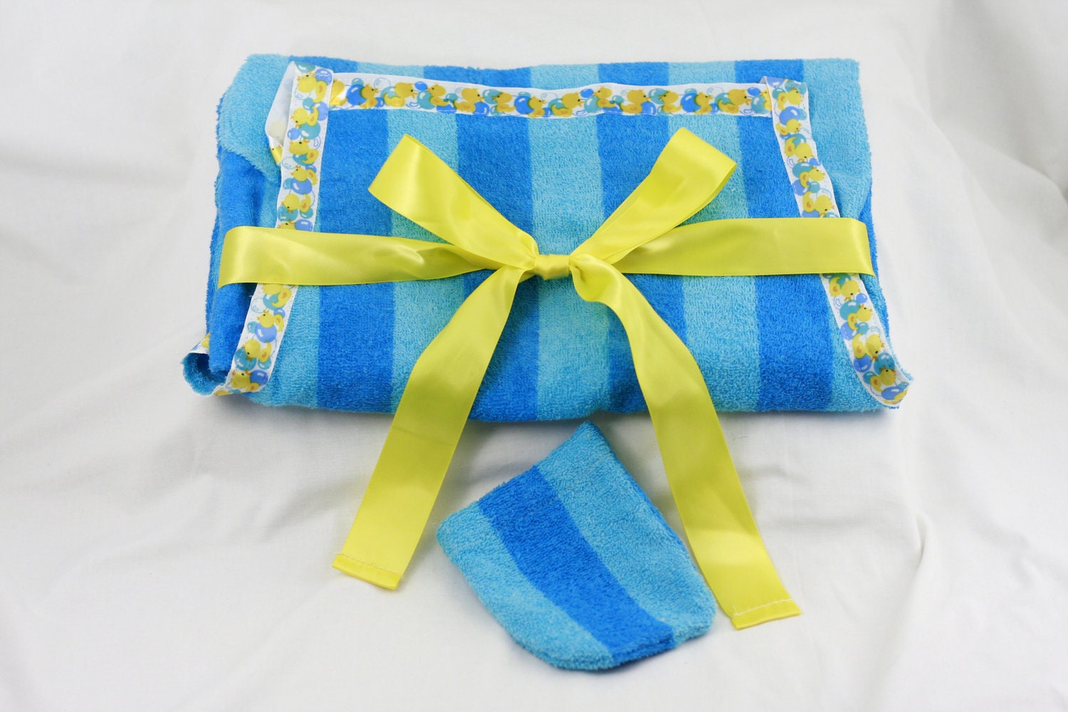 Baby Bath Apron Towel and Wash Mitt Blue Stripes and Yellow