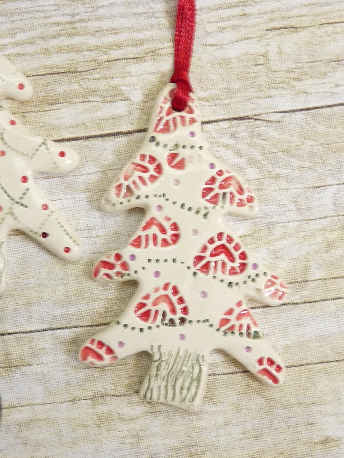 Ceramic Christmas Tree Ornament Set of Three Handmade Holiday