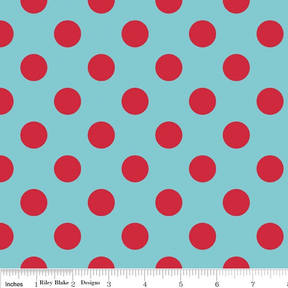 Polka Dot Basics Fabric Aqua with Red Medium Dots by Riley