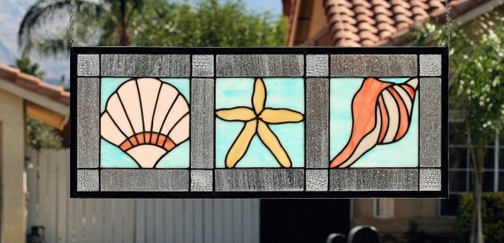 SEA SHELLS Large Stained Glass Window Panel or Transom
