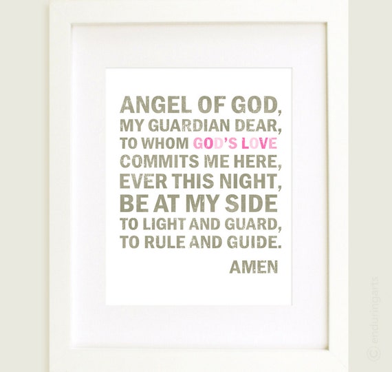 Guardian Angel Prayer in grey and pink 8x10