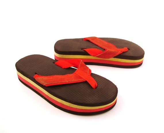 1980s Flip Flops Vintage Thongs Red and Yellow Sandals Youth