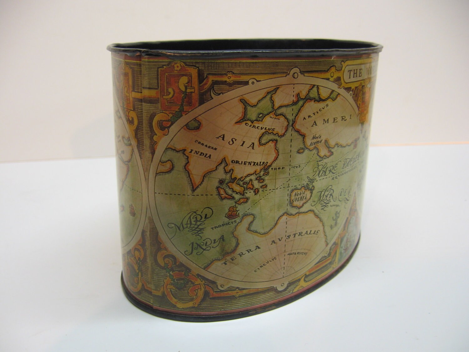 Vintage Tin Desk Caddy Old World Map Graphics Office Decor