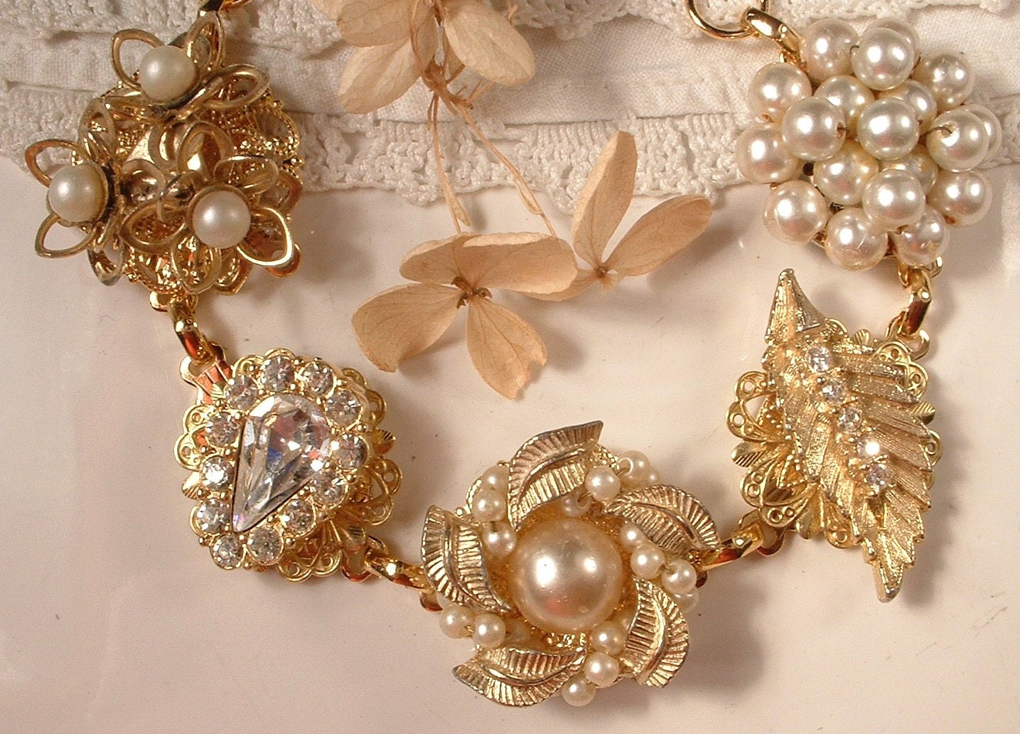 Vintage Ivory Pearl And Rhinestone Gold Bridal By Amoretreasure