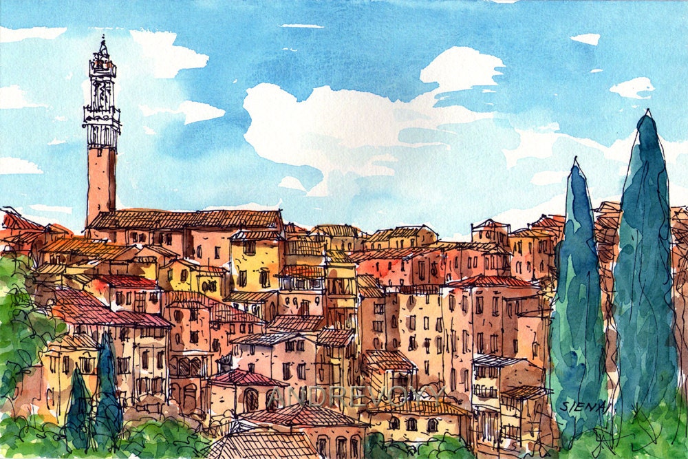 Siena Italy art print from an original watercolor painting
