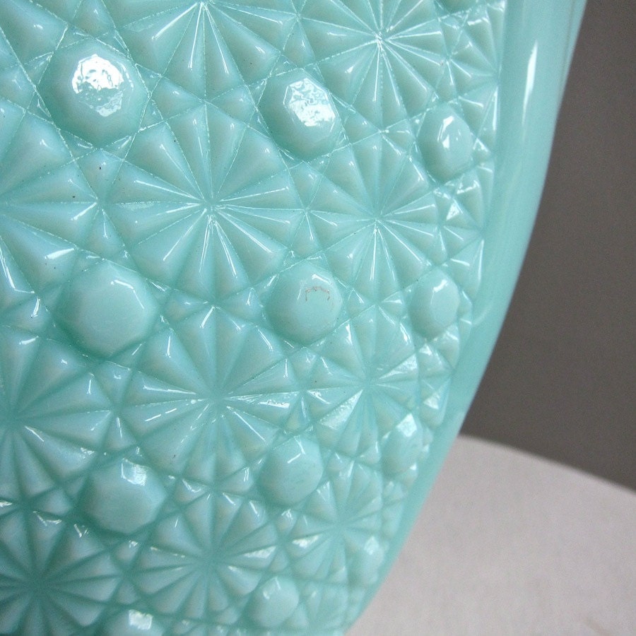Turquoise Blue Milk Glass Fan Vase Daisy and Button Pattern