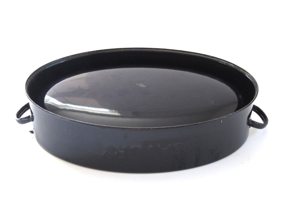 Vintage Dark Blue Savory Enamel Roasting Pan Large
