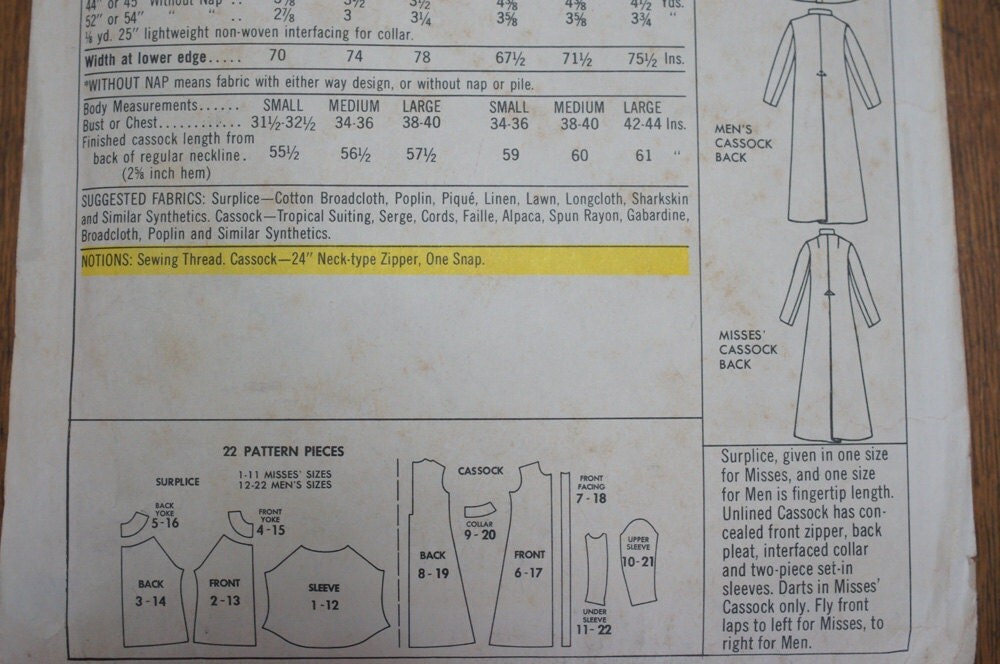 1969 Sewing Pattern Surplice and Cassock Misses Size 12-14