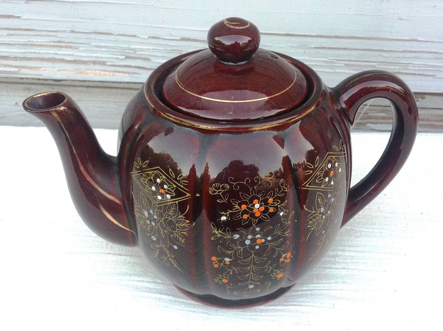 Vintage Brown Teapot Hand Painted Flowers Red Clay Brown Glaze