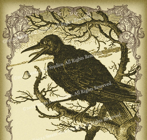 Victorian Goth Antique Raven and Scrollwork 4x6 Inch Single