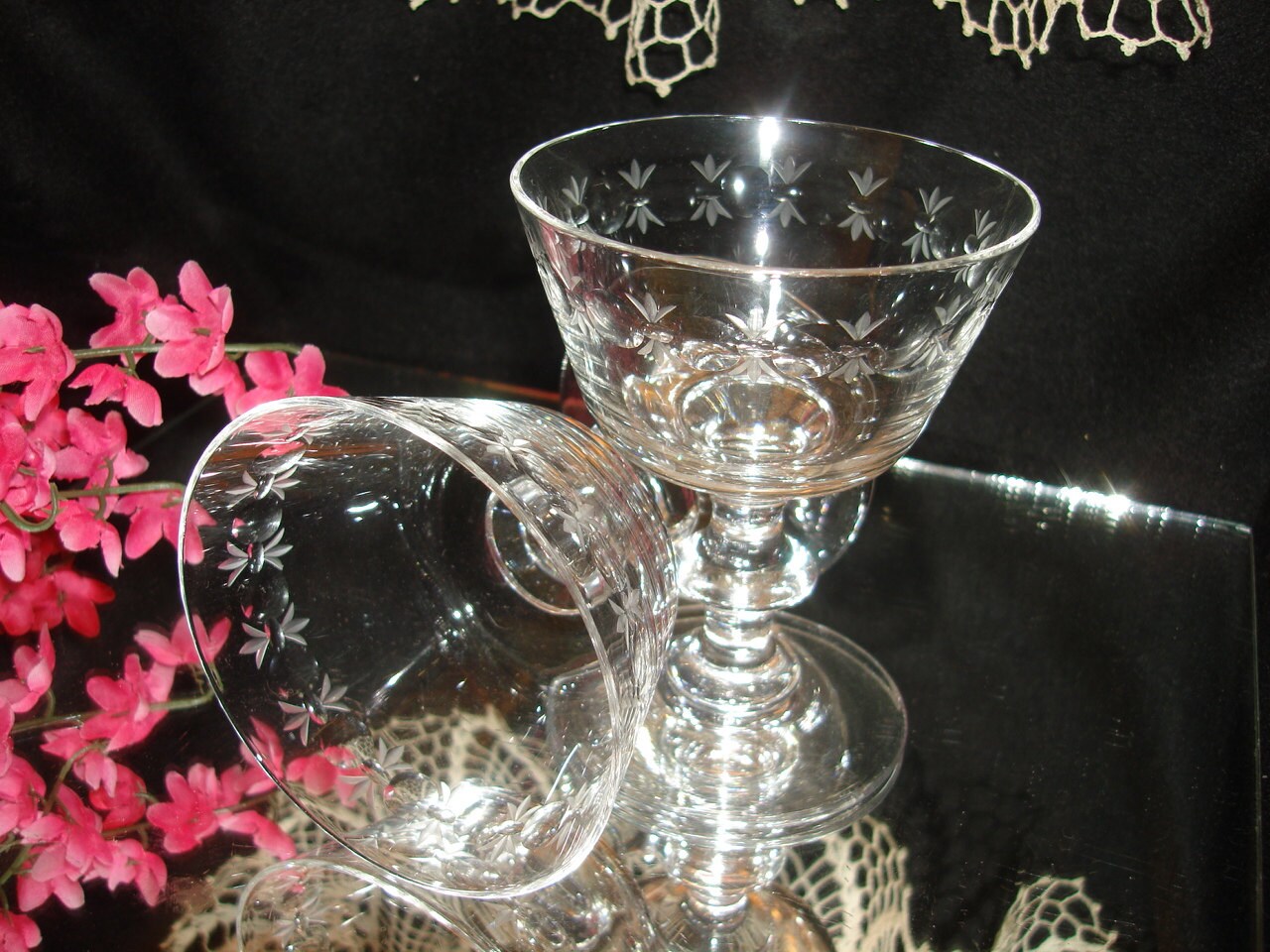 KUSAK BOHEMIAN Etched Crystal SHERBETS, Champagne, Pattern 68, Short ...