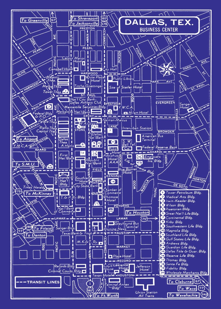 1949 Vintage Map of Downtown Dallas Blueprint Map Print