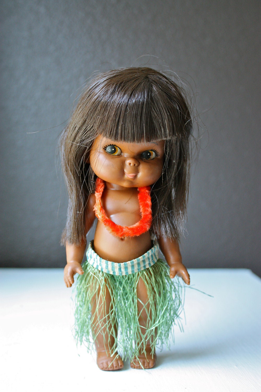 Adorable 1960s Vintage Hula Girl Hawaiian Doll with Grass