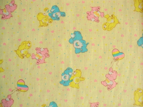 Vintage 80s Care Bears Fabric Pink Blue and Cream Yellow