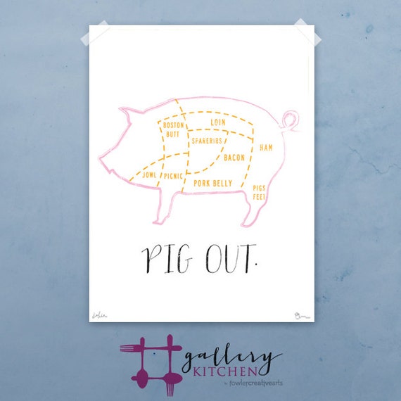 Pig Out graphic culinary art illustration signed artist's