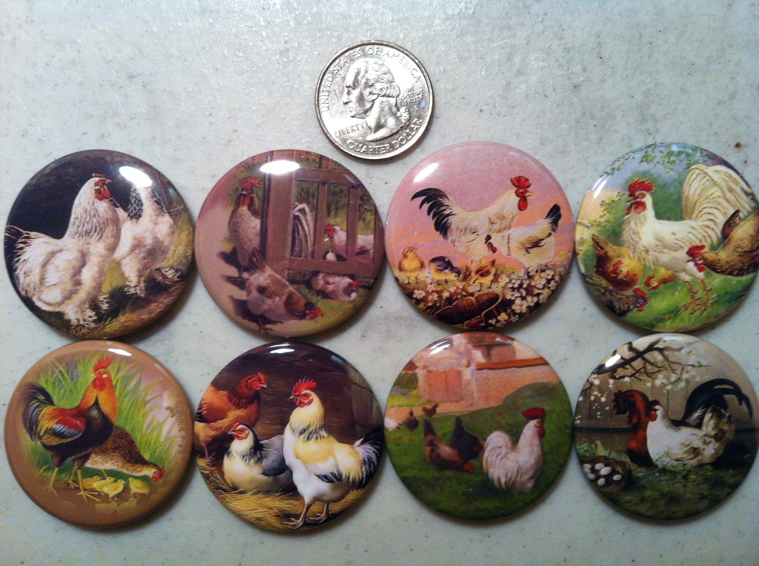 8 Vintage Rooster Chickens Fridge Magnets by Angelsbuttons on Etsy