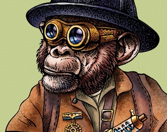 Fez Monkey 8 x 10 Whimsical Monkey Wearing A Fez Monkey by ChetArt