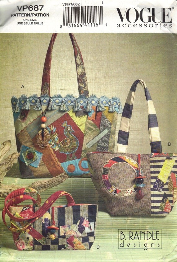 Vogue Sewing Pattern Handbag Accessories Purse Pocketbook Tote