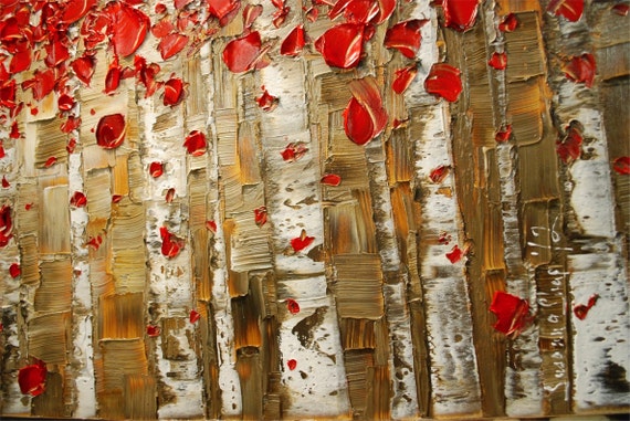 ORIGINAL Abstract Red Birch Trees Painting by ModernHouseArt