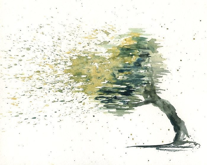 Wind tree-Landscape painting-Watercolor-Orange autumnal by Ireart