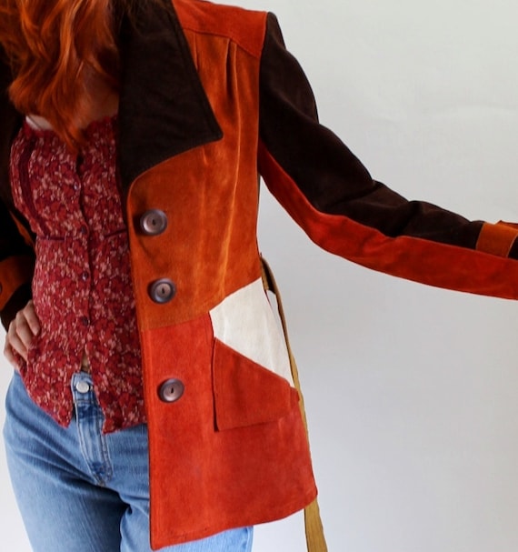 Sale 1970s Patchwork Suede Jacket. Brown Cream Rust. Boho.