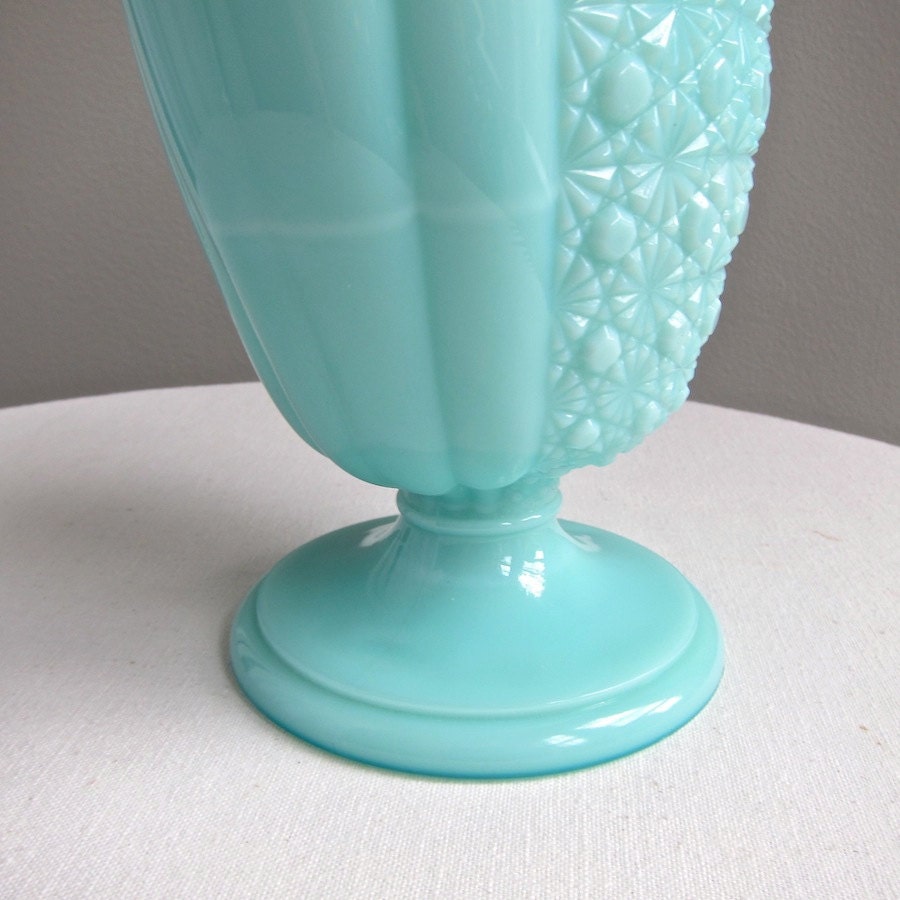 Turquoise Blue Milk Glass Fan Vase Daisy and Button Pattern