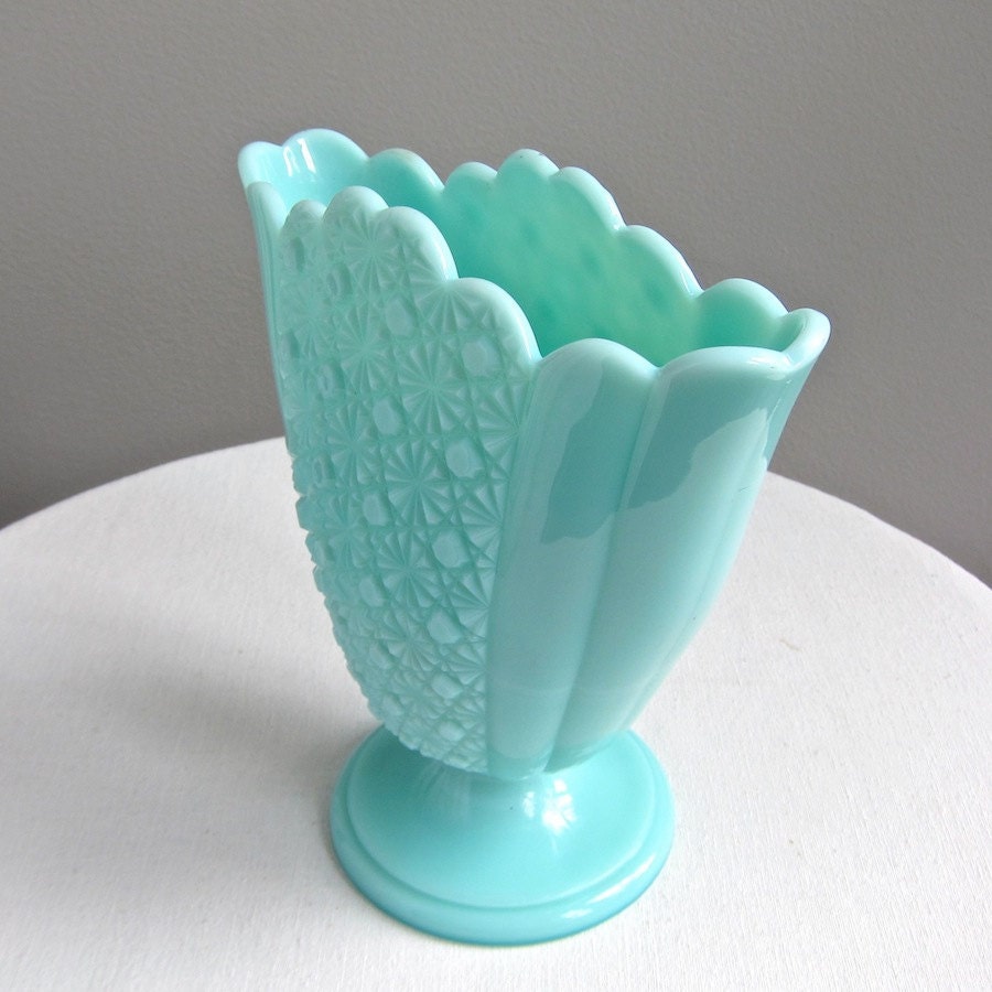 Turquoise Blue Milk Glass Fan Vase Daisy and Button Pattern