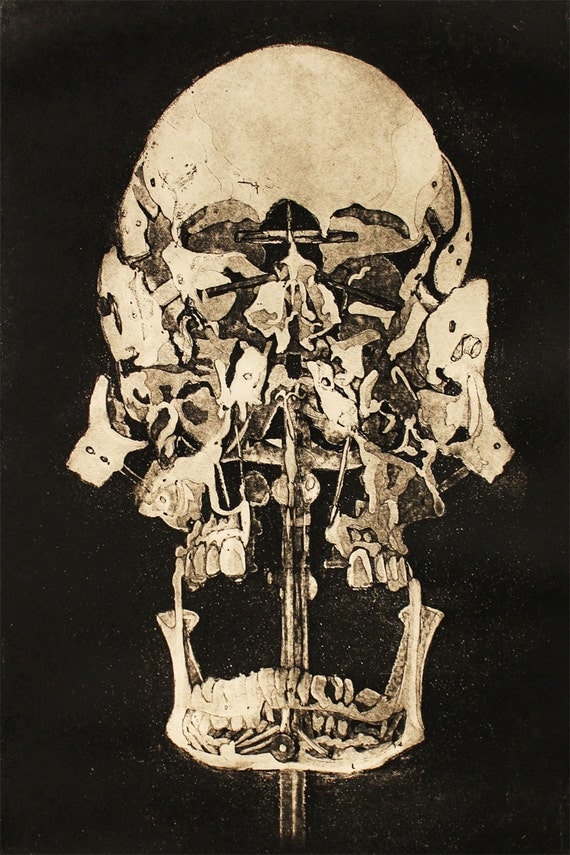 Beauchene Skull Etching Exploded Skull by jesscrossdavis on Etsy