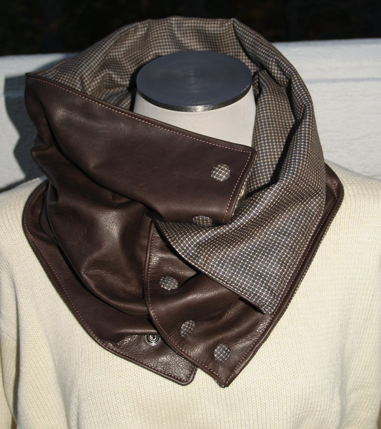 Brown Leather and Wool Plaid Men's Cowl Neck Muffler