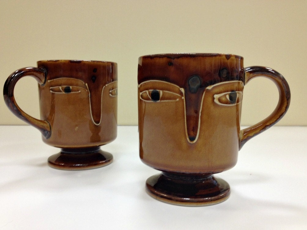 Face Mugs Pottery Coffee Mugs Brown and Tan