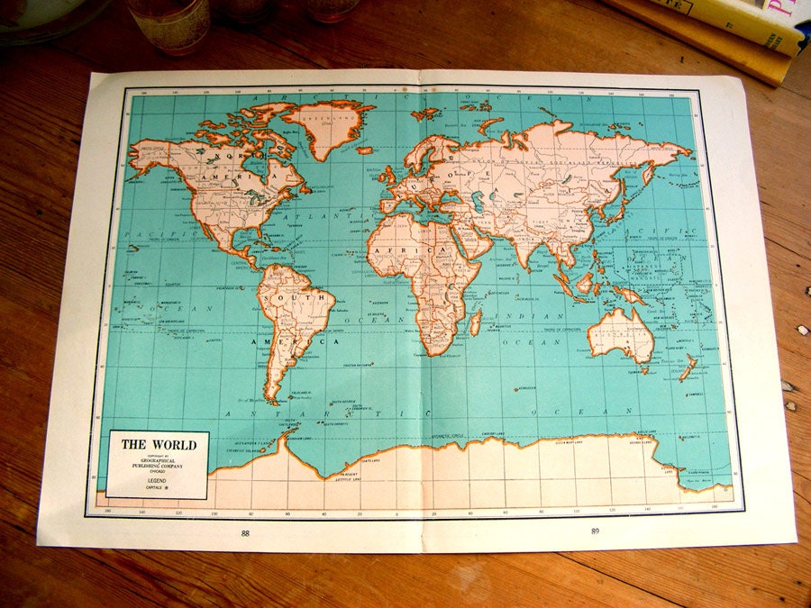 Antique LARGE WORLD Map 1941 ORIGINAL 1940s by VintageInclination