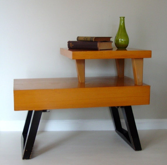 Items similar to mid century modern side table / black and blonde wood ...