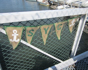 Upcycled ALL ABOARD Burlap Banner Lime Green by enduredesigns