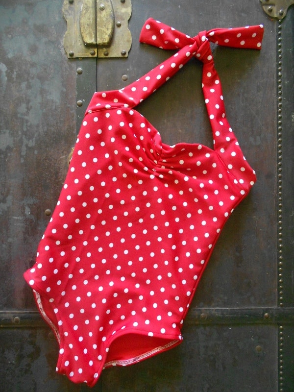 Red And White Polka Dot Retro One Piece Girls Swimsuit Made To