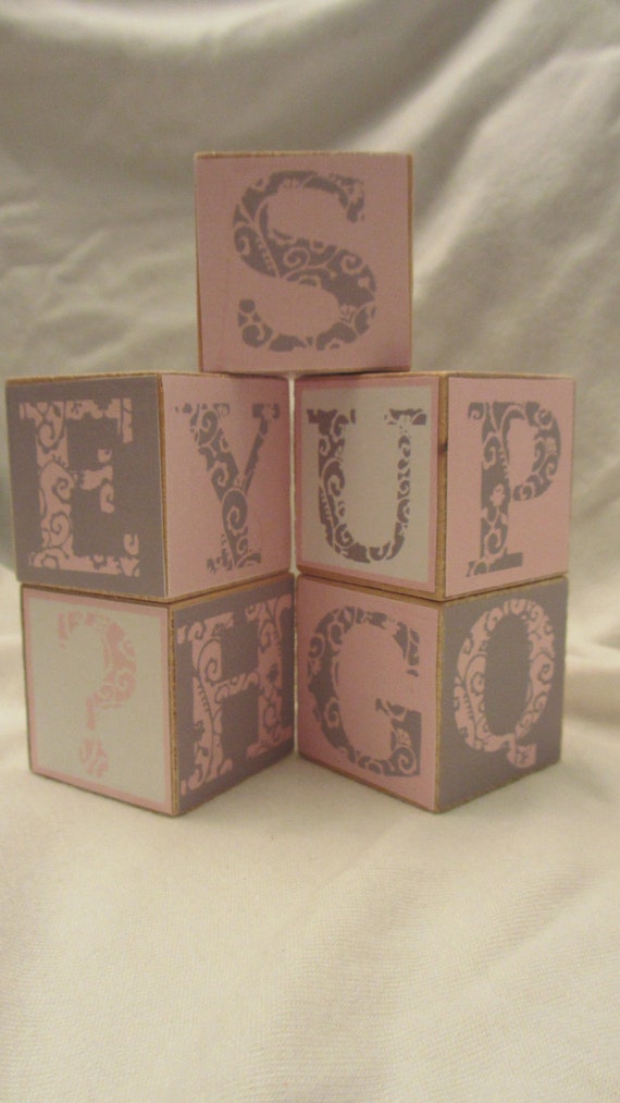 Pink Grey Modern Alphabet 5 Wood Blocks Girls Nursery Room