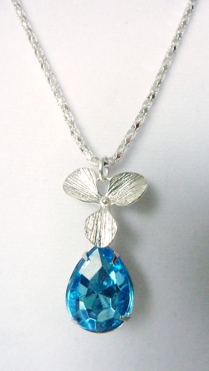 Blue necklace set blue silver orchid drop by Dewdropsdreams