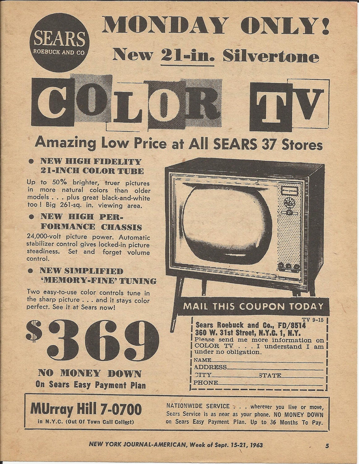 Sears Roebuck and Company Color TV Original 1963 Vintage