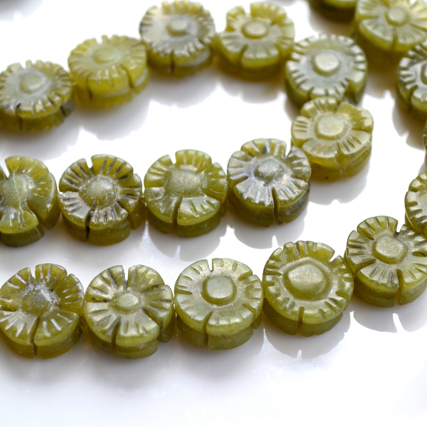 Natural Green Jade Carved FLower COin Beads 6