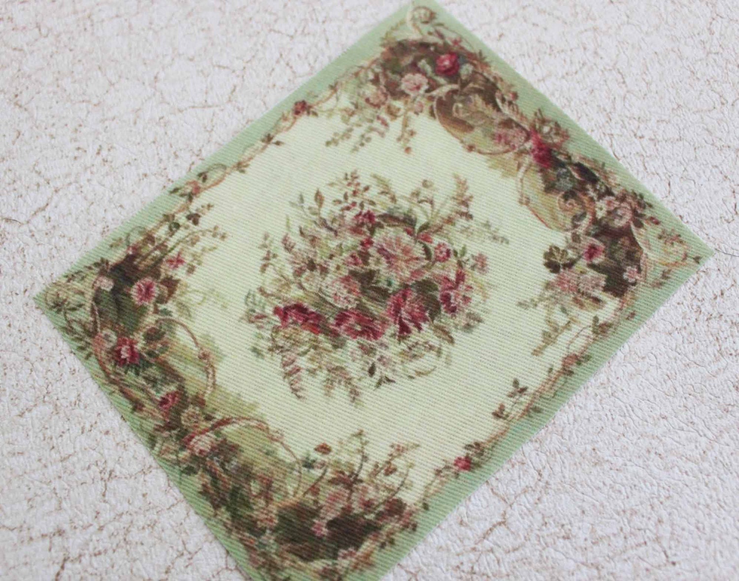 Miniature Rug for Dollhouse in Pale Green and Flowers 1:12