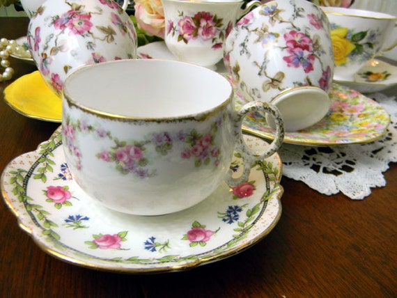 6 Mismatched Cups and Saucers Lot Tea Party by TheVintageTeacup