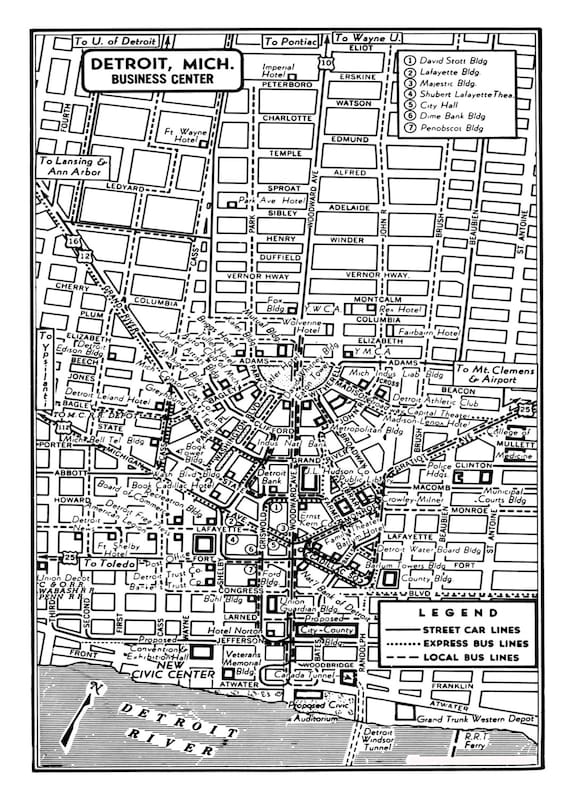 1949 Vintage Map of Detroit Michigan Print Poster